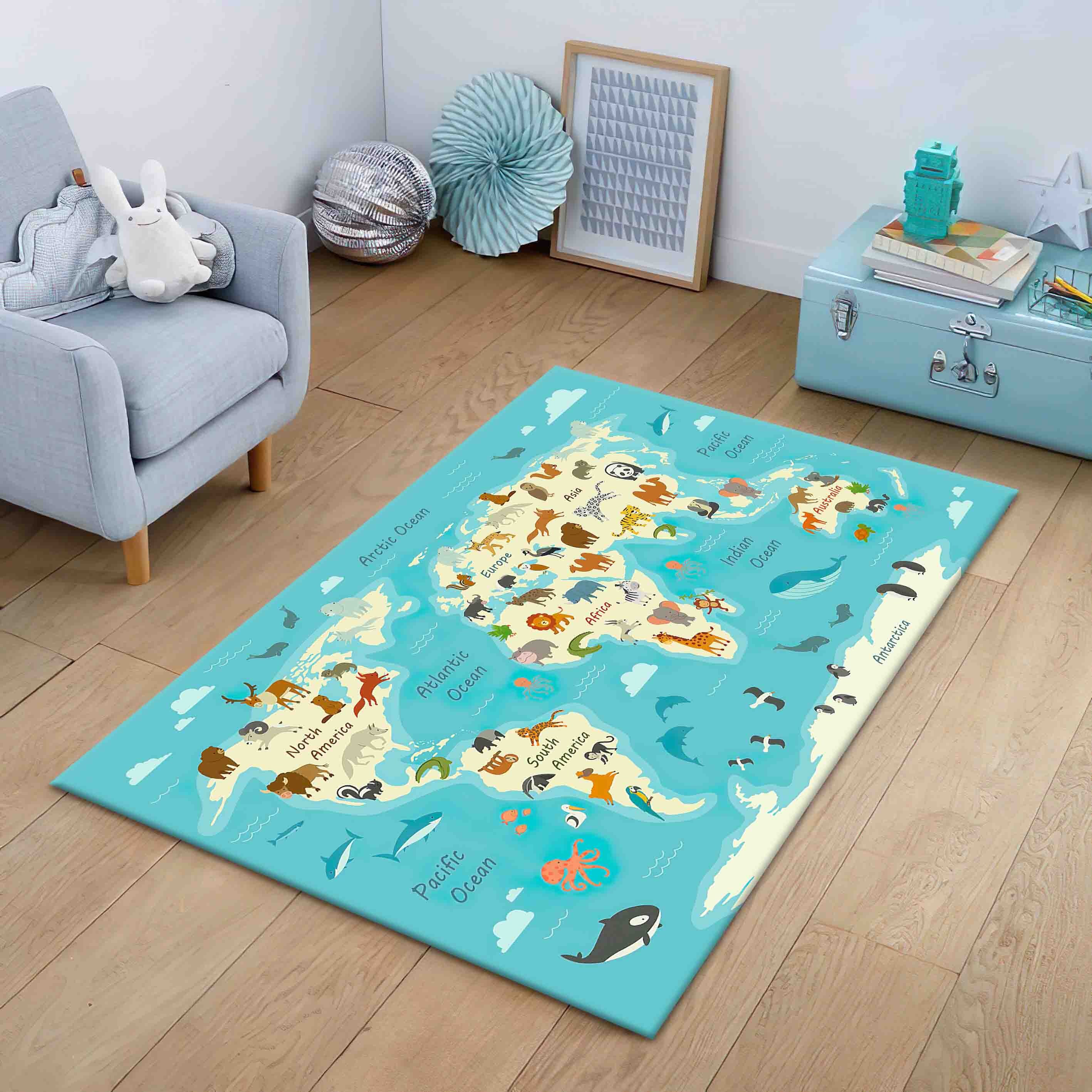 World Map Play Mat for Kids, Learn Continents & Animals, Baby Play Mat ...
