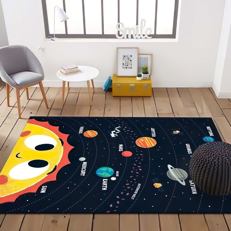 Solar System Themed Kids Room Rug, Planets Patterned Printed Rug, Kids ...