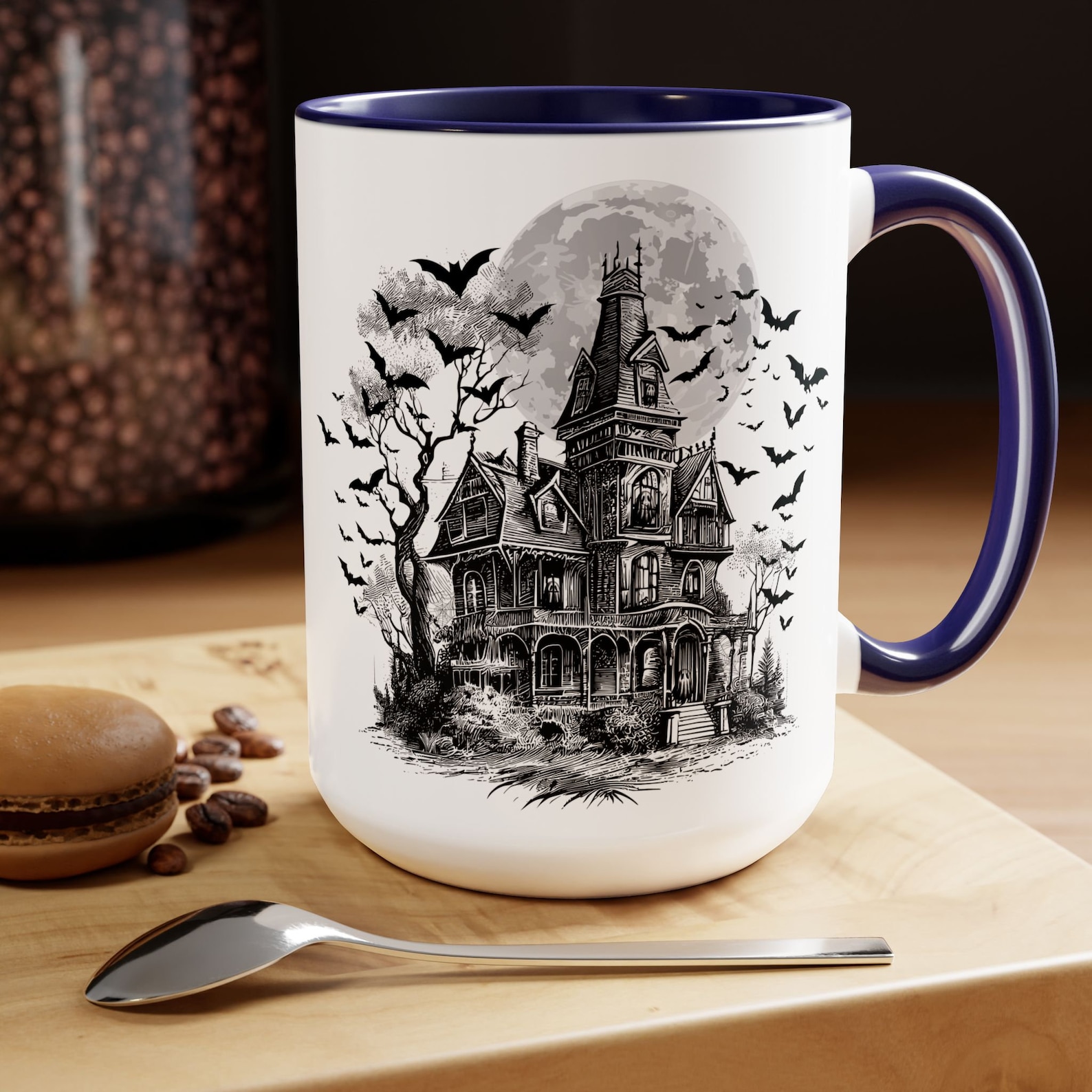 Haunted House Halloween Coffee Mug, Not Scary Cute Skeleton Ghost ...