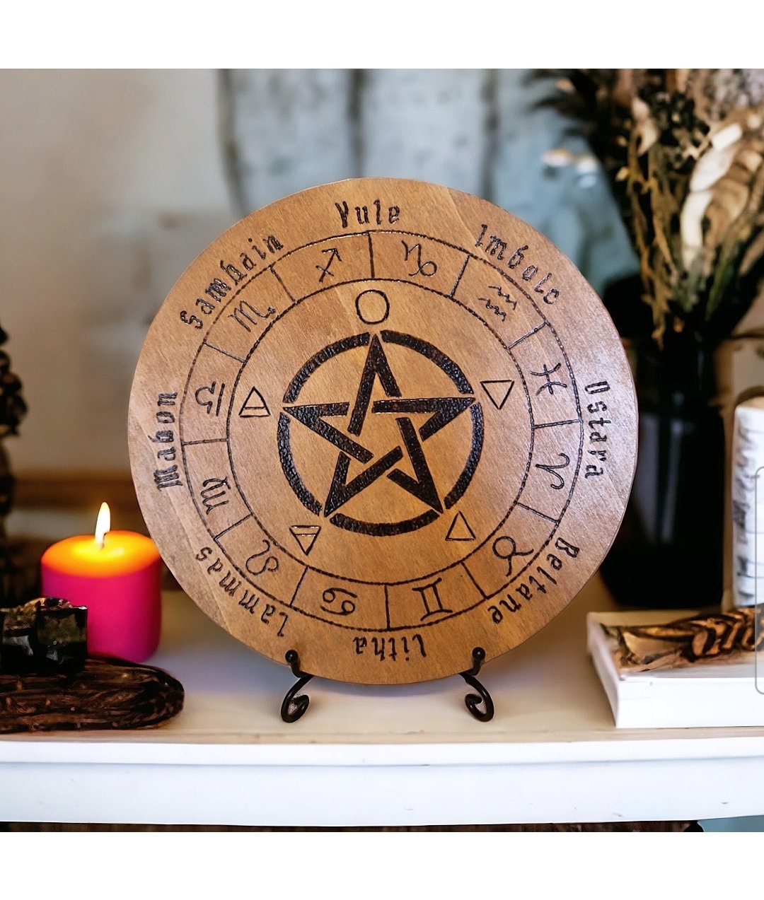 Wood-burned Pagan Wheel of the Year Plaque With Stand || Wicca Calendar ...