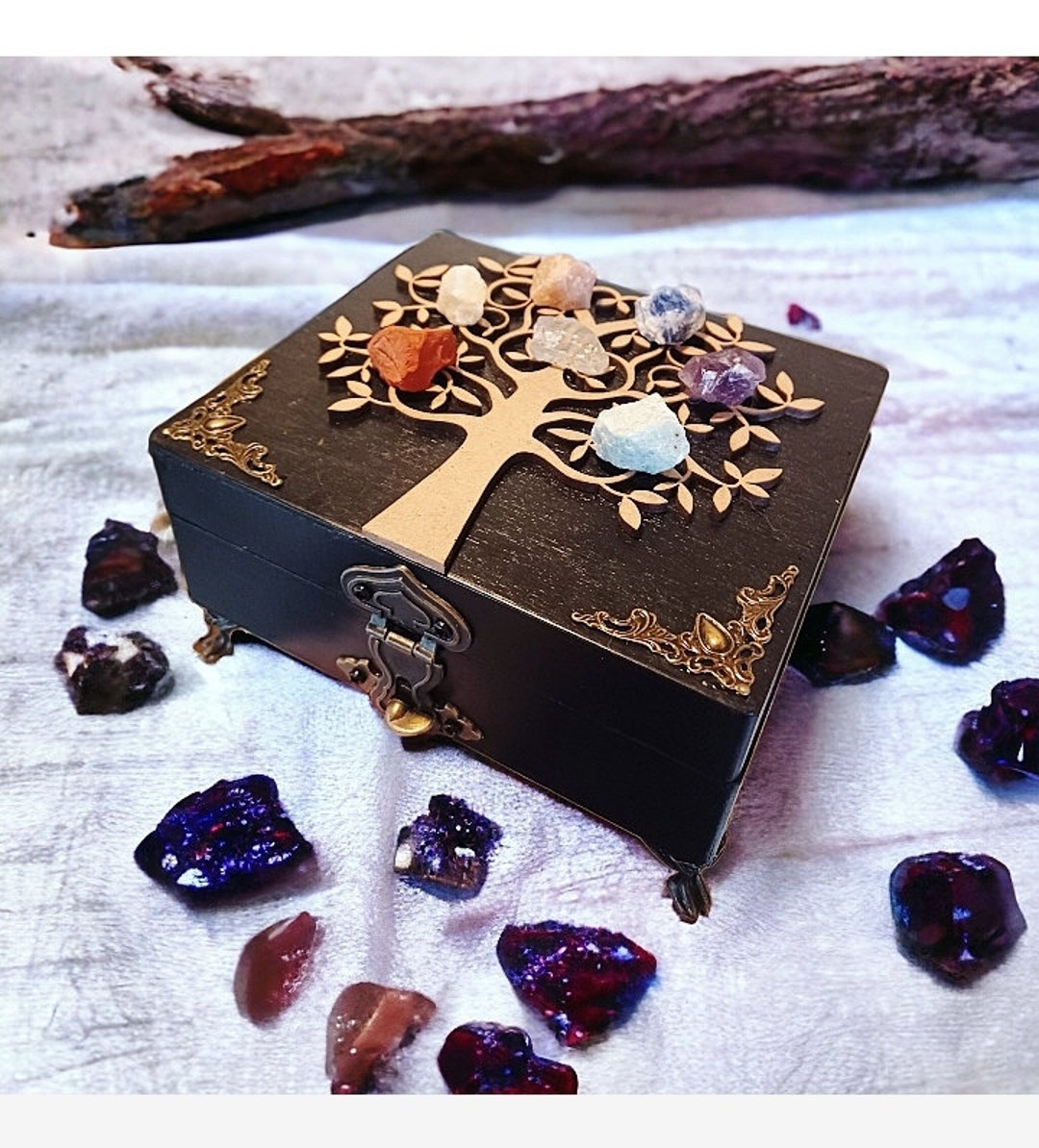 Chakra Crystal Tree of Life Yggdrasil Black Wooden Storage Compartment ...