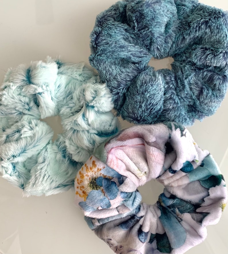 Super Soft Minky Scrunchies | Frosted Lattice Ice Teal | Heather Blue | Blooming Buds Floral ...