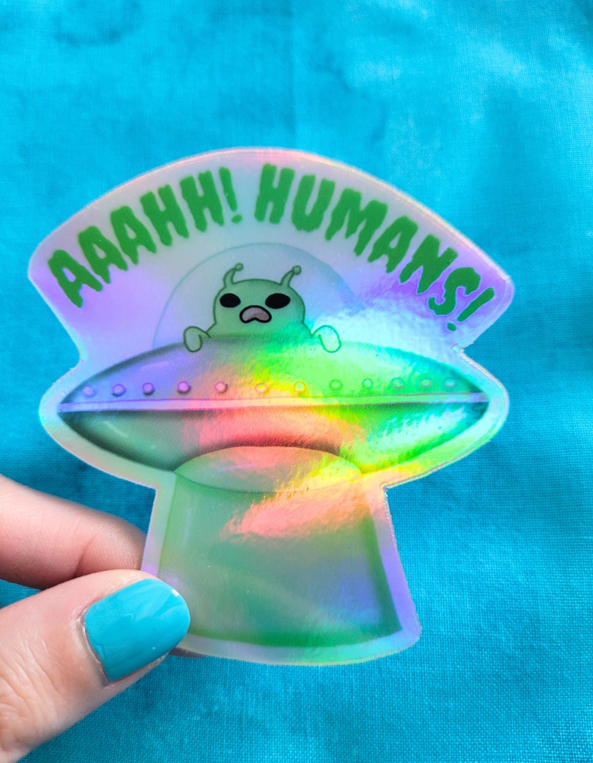 Funny Hand Drawn Scared Alien Waterproof Holographic Sticker Cute Alien ...