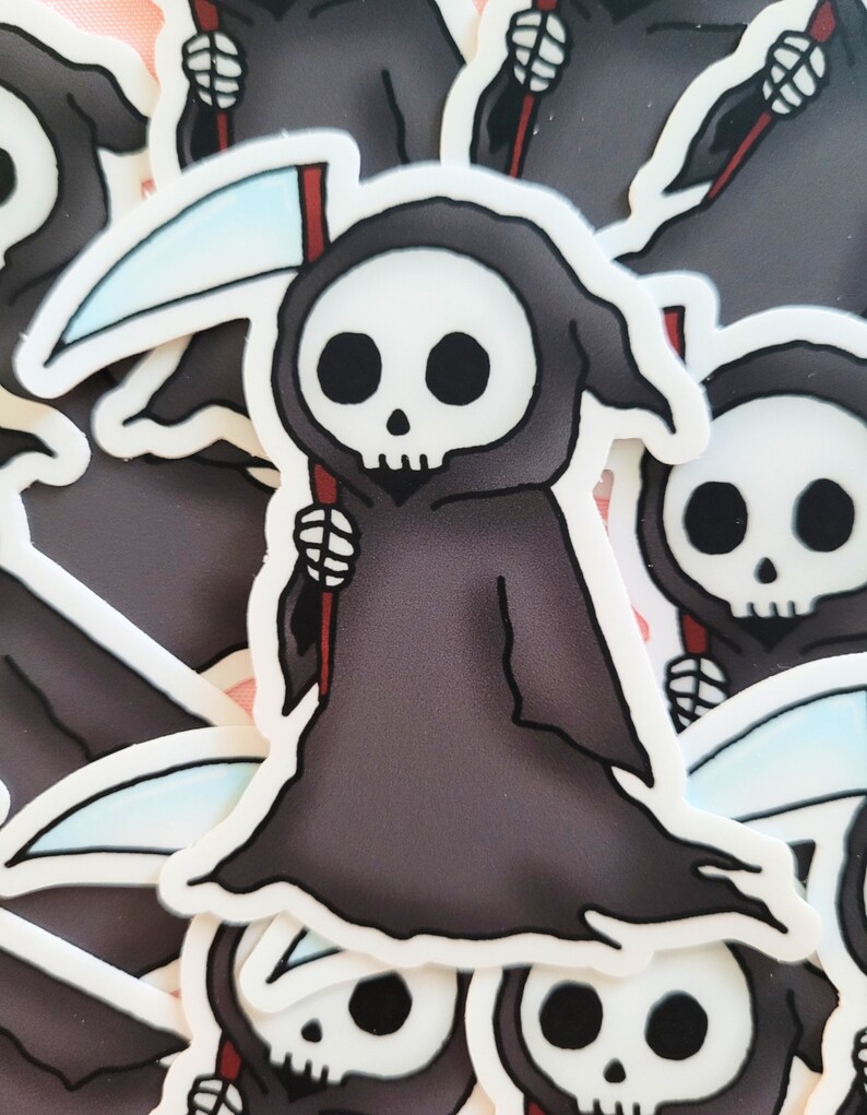 Kawaii Hand Drawn Grim Reaper Waterproof Die Cut Vinyl Sticker - Gift ...