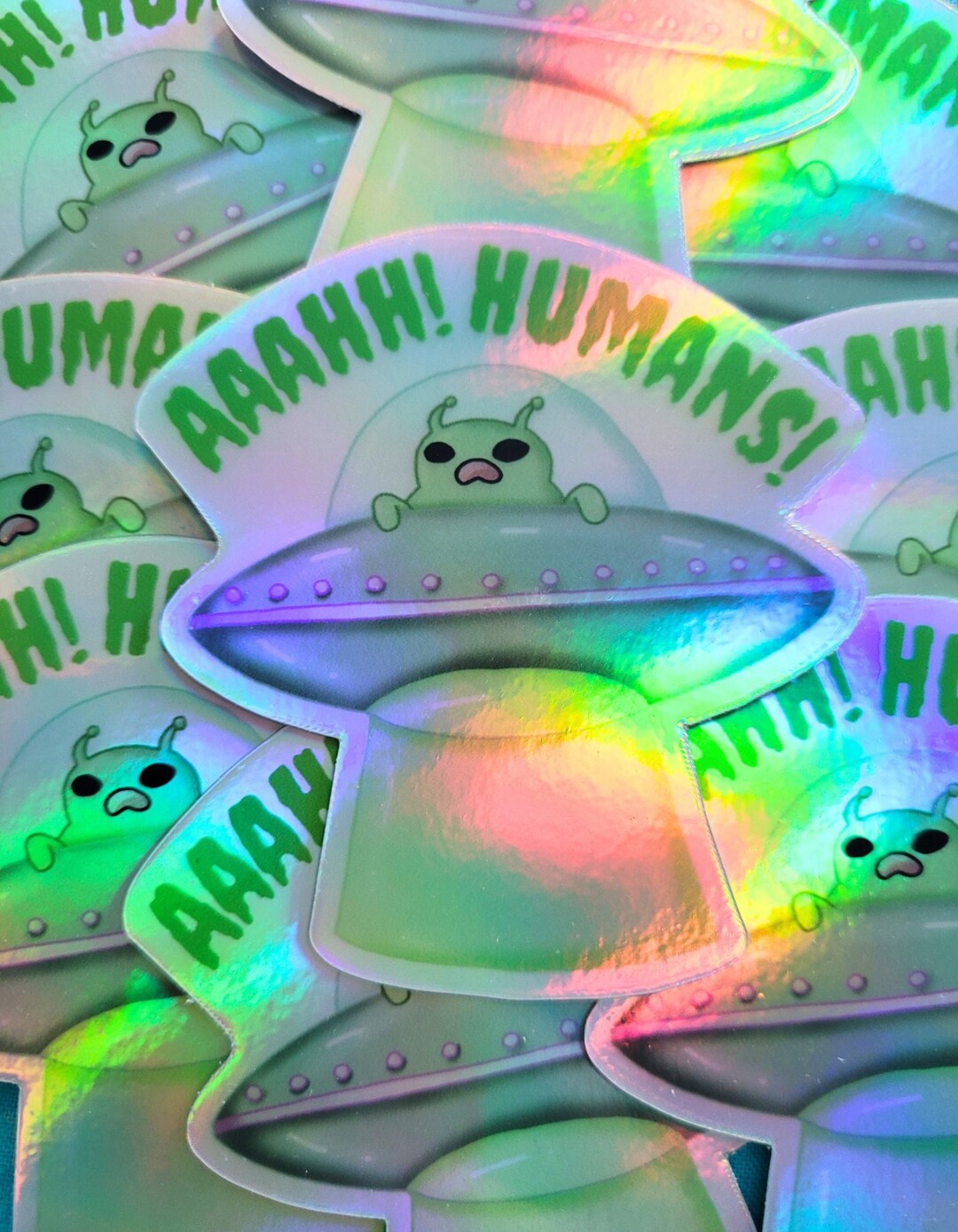 Funny Hand Drawn Scared Alien Waterproof Holographic Sticker - Cute ...