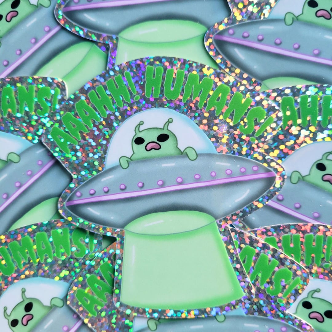 Funny Hand Drawn Scared Alien Waterproof Glitter Sticker - Aliens, Cute ...