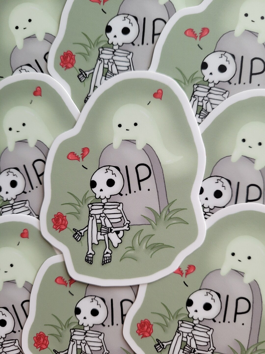 Kawaii Hand Drawn Skeleton and Ghost Waterproof Die Cut Vinyl Sticker ...