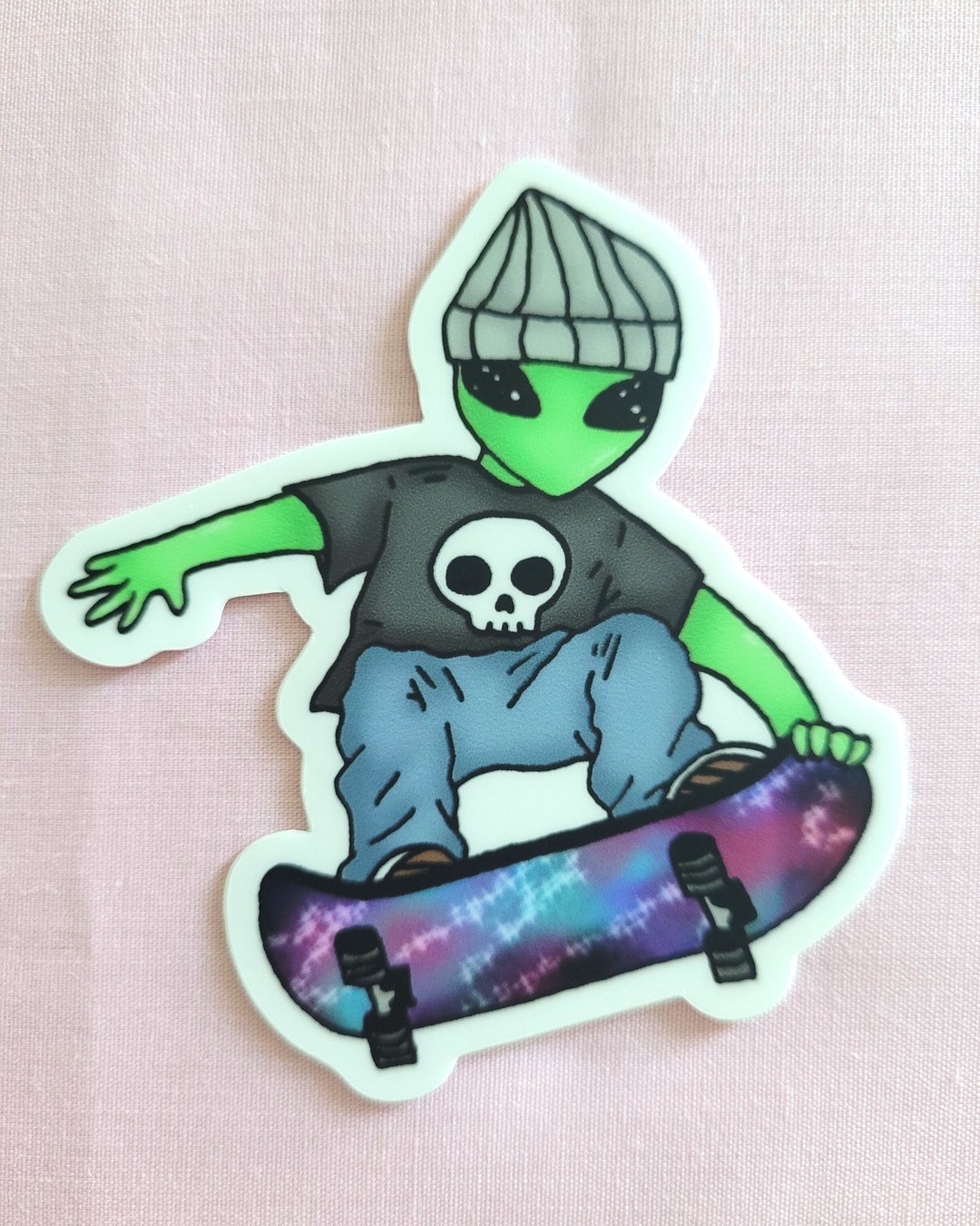 Cool Hand Drawn Alien on Skateboard Waterproof Die Cut Vinyl ...