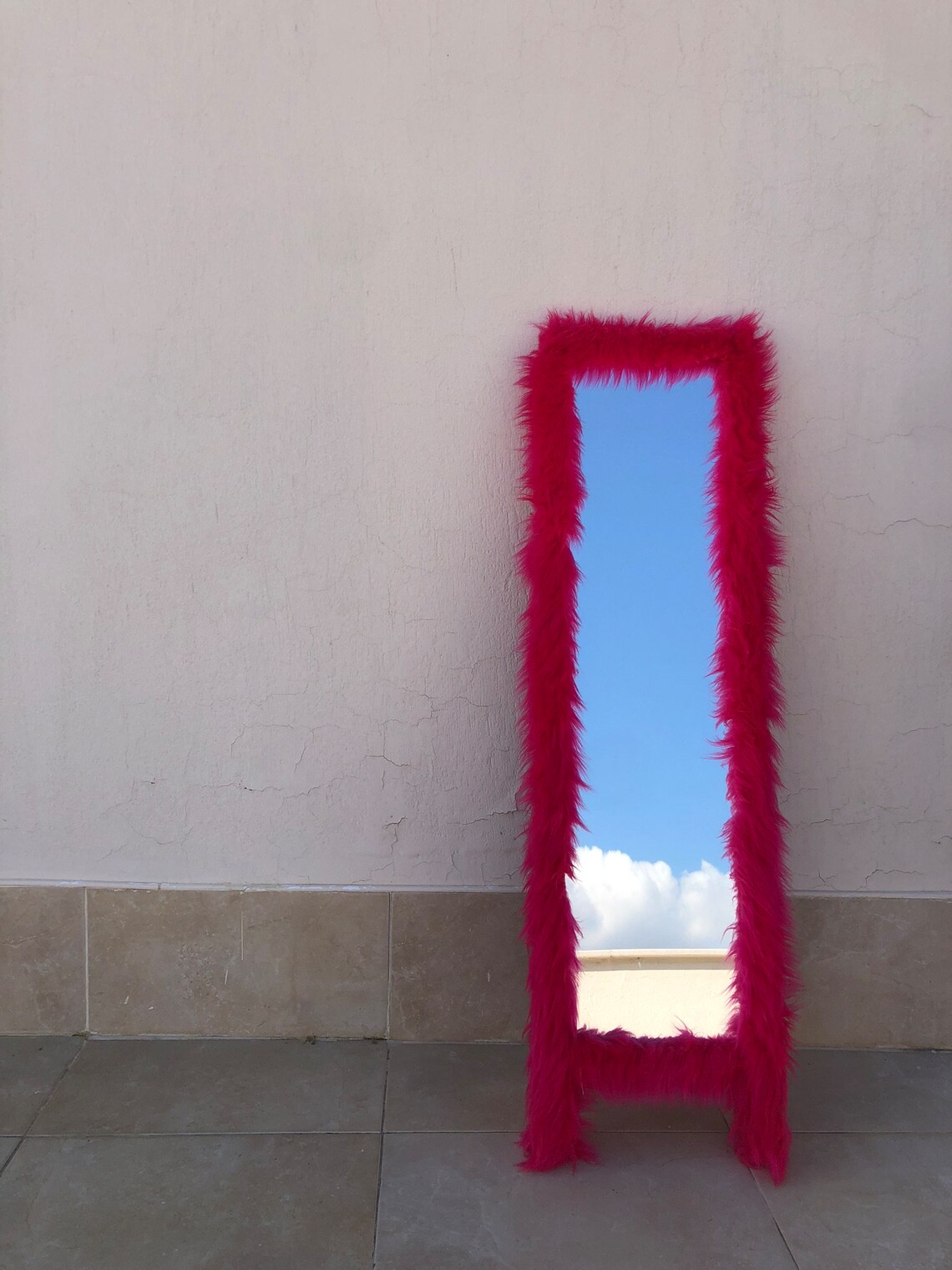 150cm Furry Pink Plush Mirror Full Size Lenght , Aesthetic Funky Decor ...