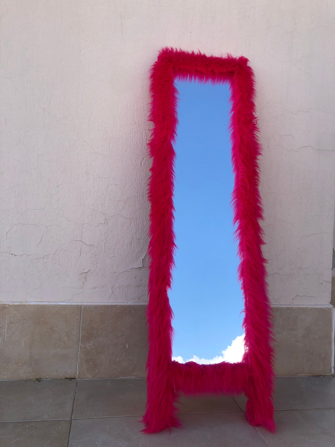150cm Furry Pink Plush Mirror Full Size Lenght , Aesthetic Funky Decor ...