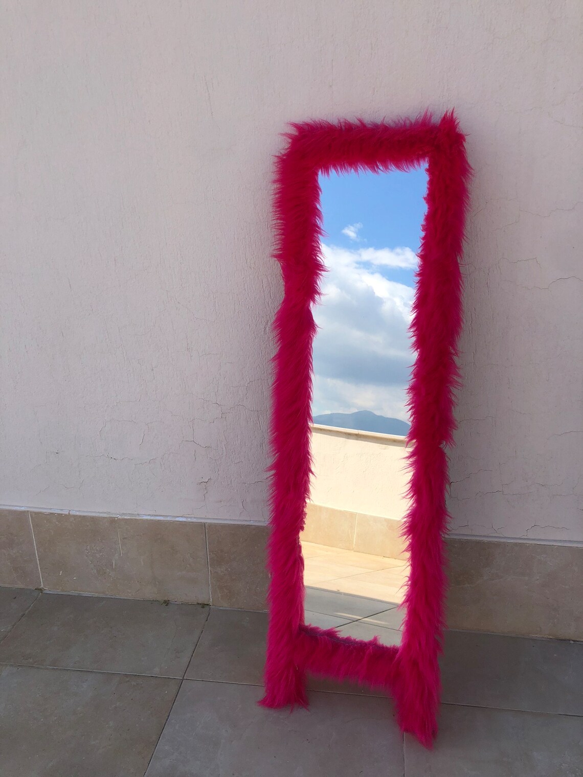 150cm Furry Pink Plush Mirror Full Size Lenght , Aesthetic Funky Decor ...