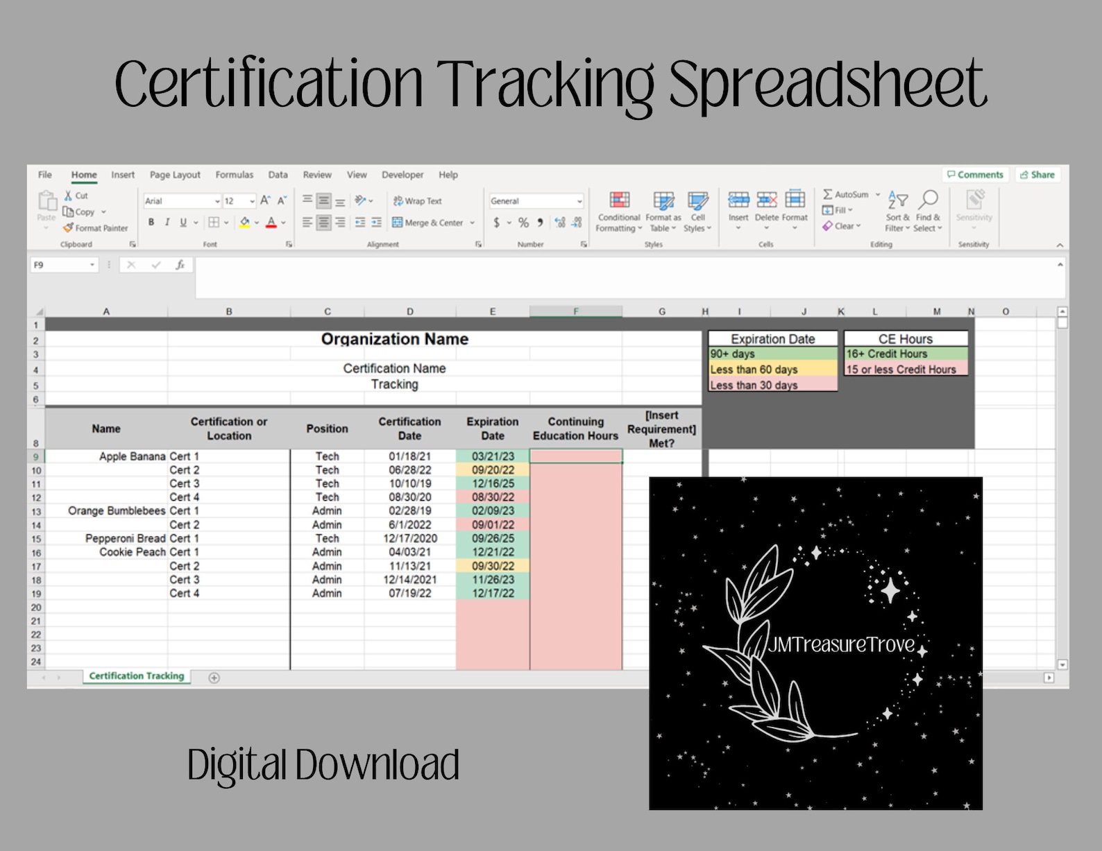 Certification Tracking Excel Spreadsheet - Expiration Dates - Digital ...