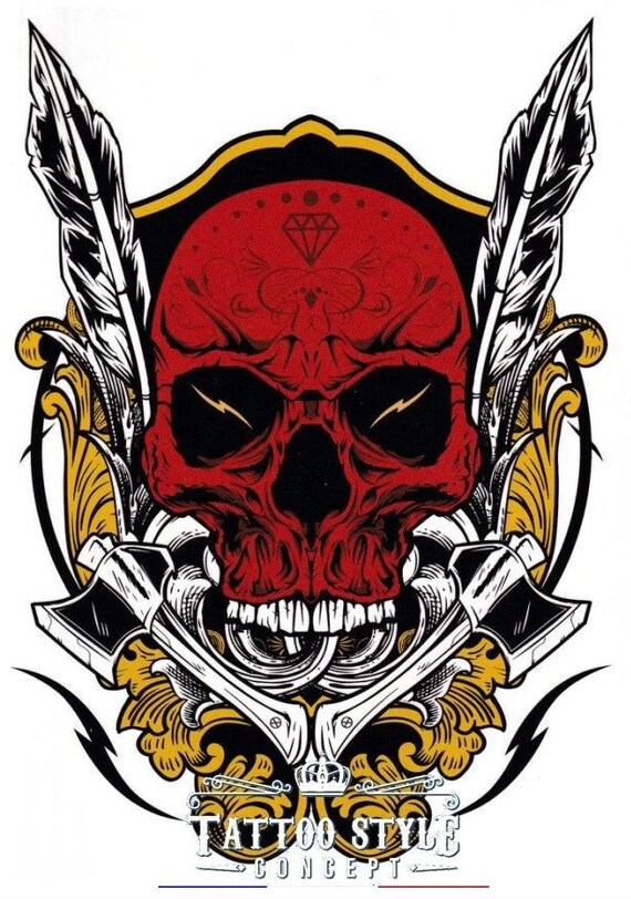 Ephemeral Tattoo Atypical Red Skull and Axes - Etsy