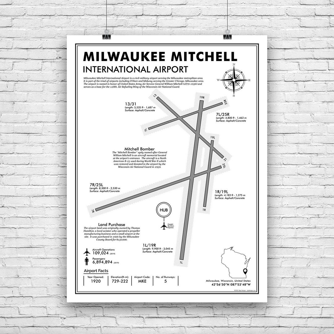 MKE, Mitchell International Airport, Airport Map Art, Airport Code Art ...