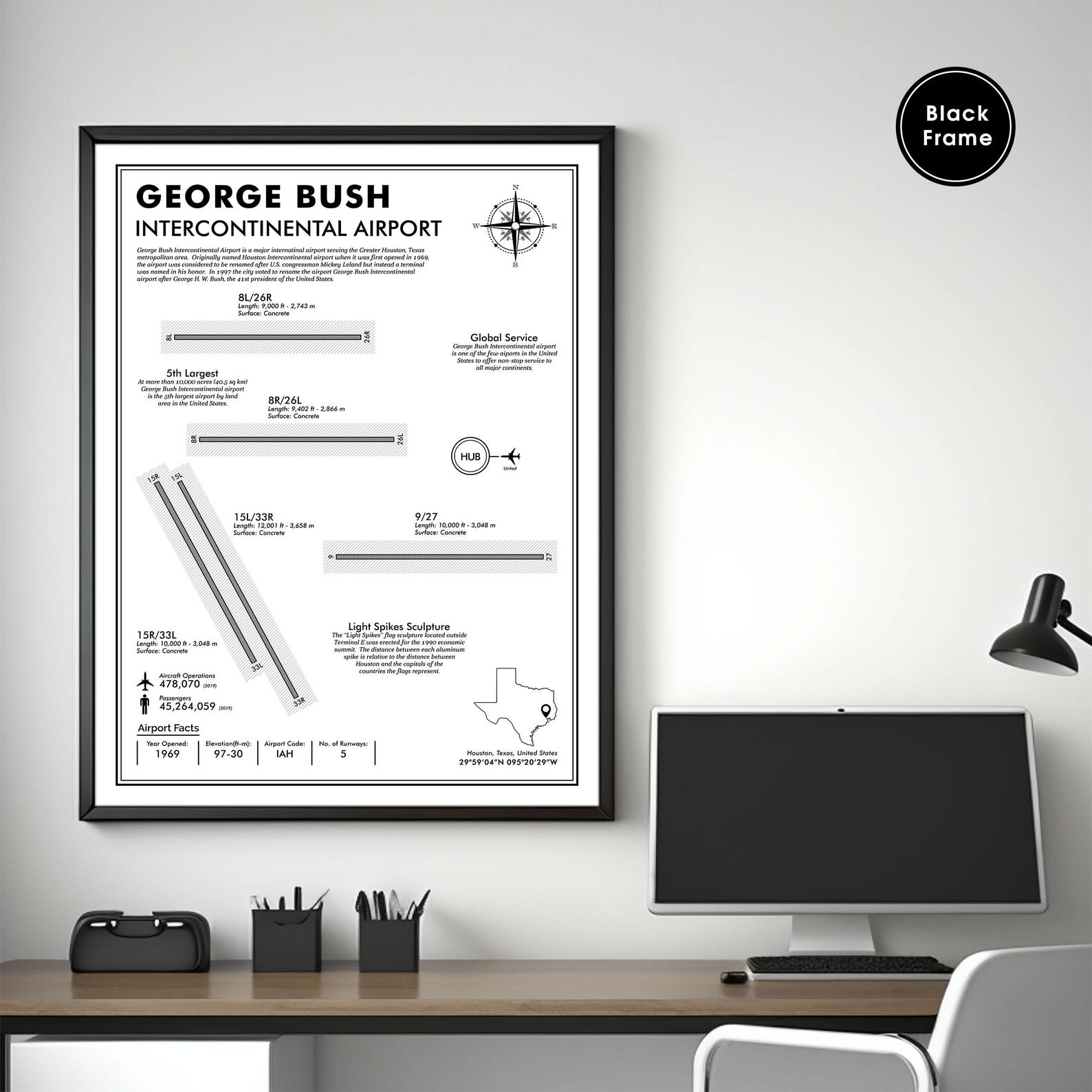 IAH, George Bush Intercontinental Airport, Airport Map Art, Airport ...