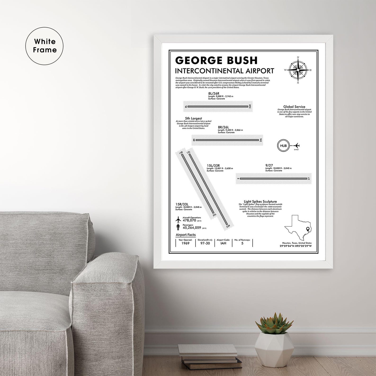 IAH, George Bush Intercontinental Airport, Airport Map Art, Airport ...