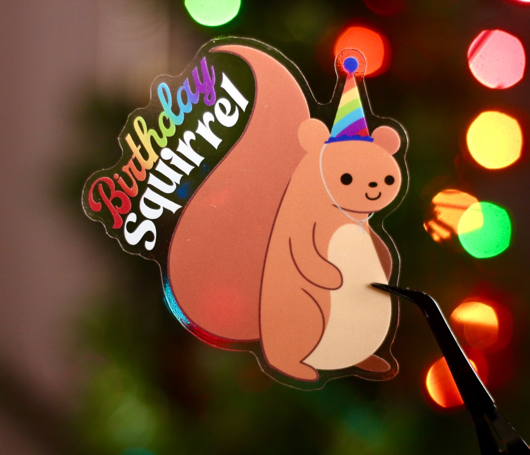 BIRTHDAY SQUIRREL STICKER Transparent Clear Decal Bright Cute Cartoon ...