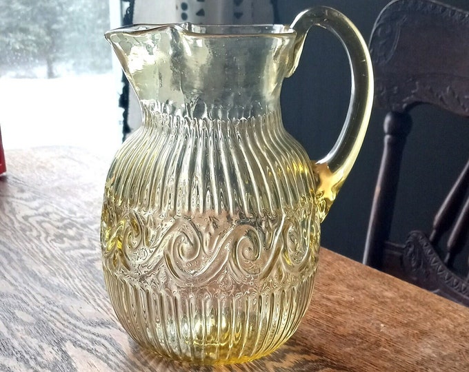 Vintage MCM Yellow Farmhouse Style Glass Pitcher, Swirl Design, Late ...