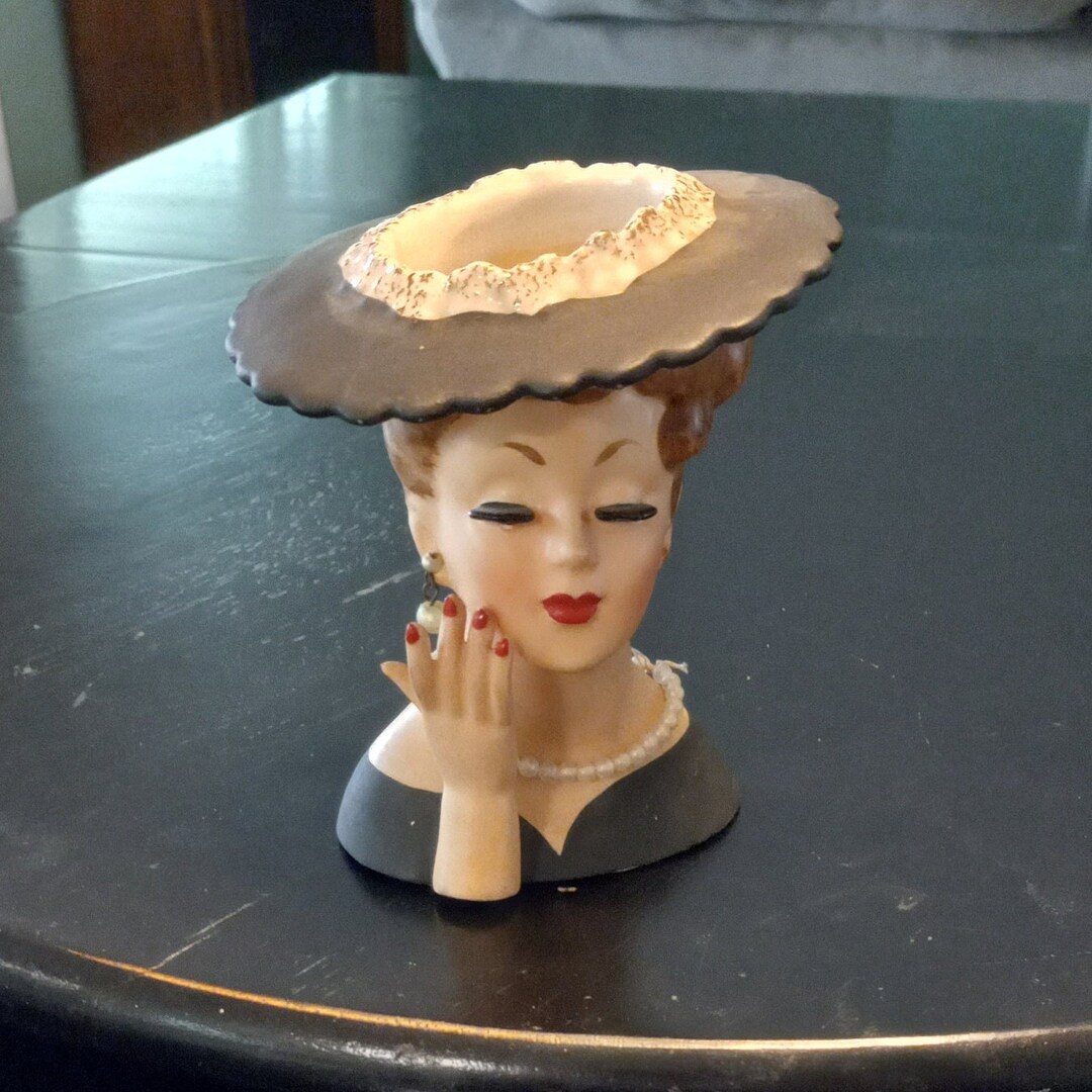 Vintage 1958 NAPCO MCM Head Vaseor Planter Brown Hair, Black and White ...