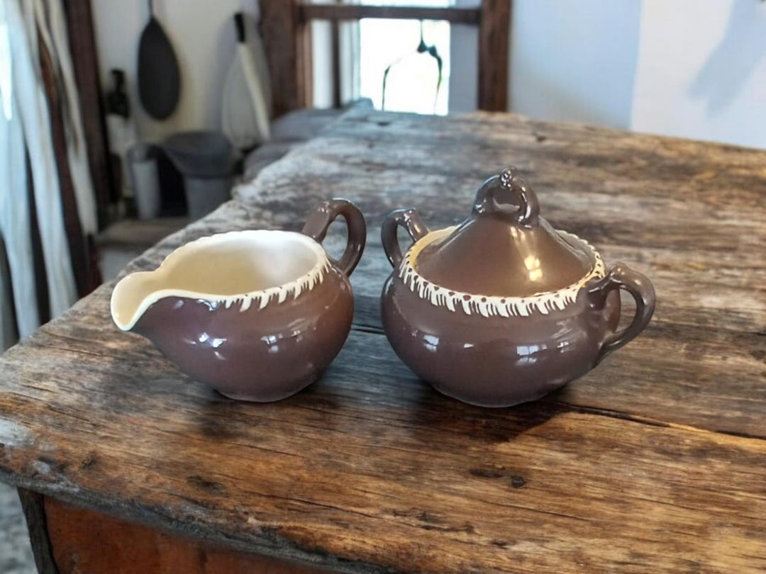 Vintage Harkerware Cream & Sugar Set 1950s Corinthian Pattern. Brown ...