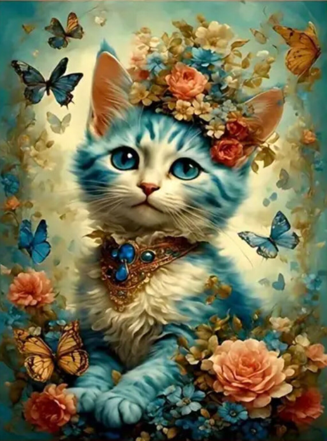 Floral Cat Diamond Painting Kit 30x40cm Full ROUND Drill Cat Diamond ...