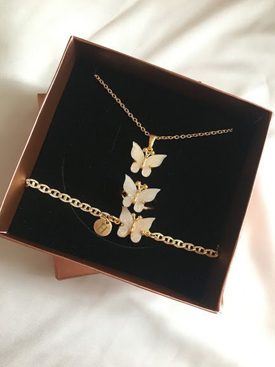 18k Butterfly Set, Gold Butterfly Necklace, Personalized Butterfly ...