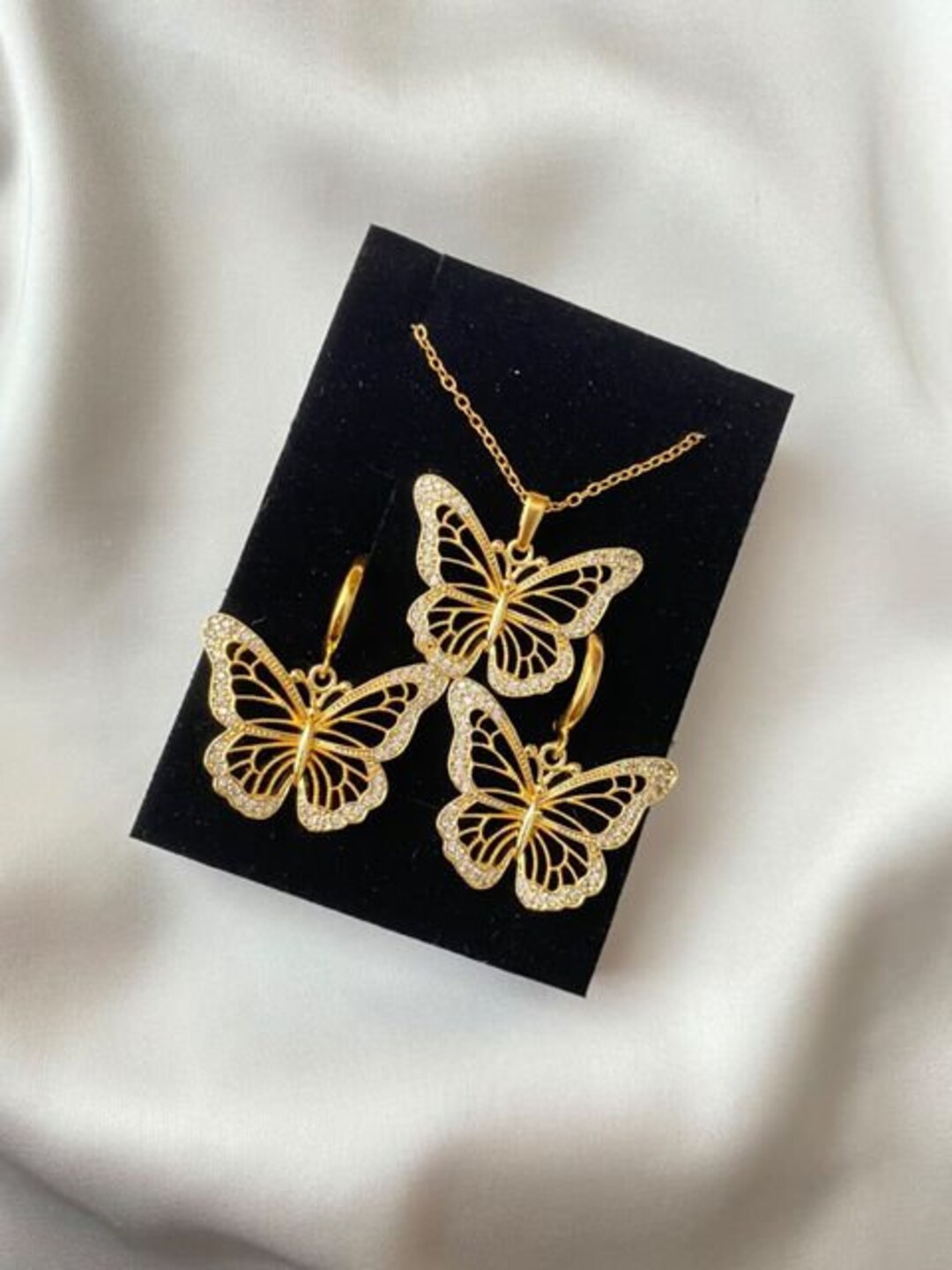 18K Gold Butterfly Dainty Cubic Zirconia Set, Dainty Gold Butterfly ...