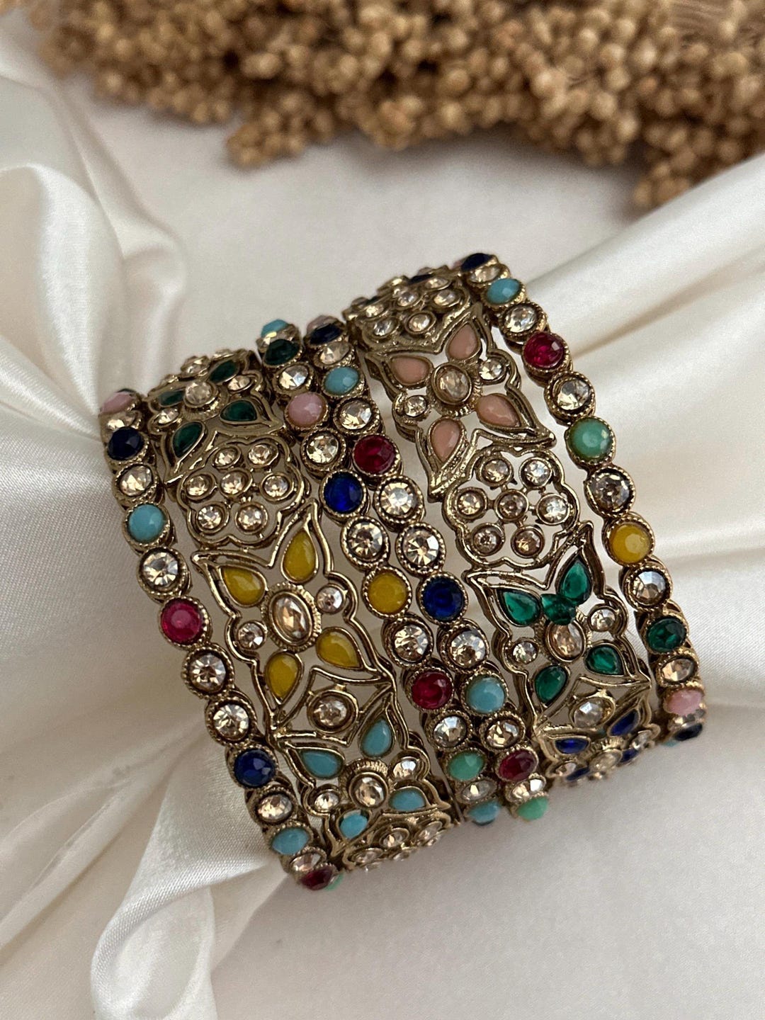 Multicolor Stone Kade Metal Bangles Se/indian Bangles/punjabi Bangles ...