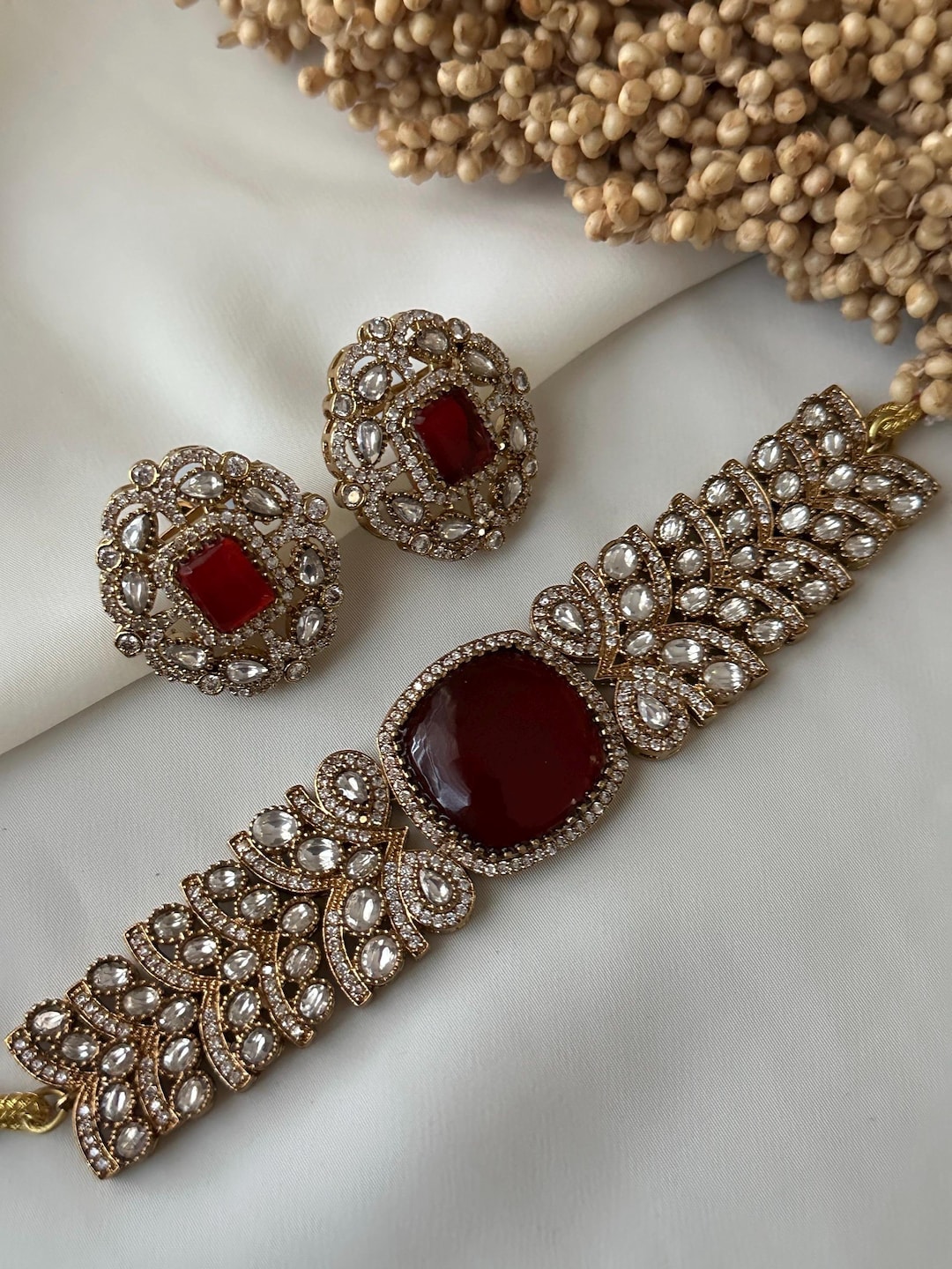 Victorian Diamond Pearl Choker Pachi Kundan Bead Choker Set Earrings ...
