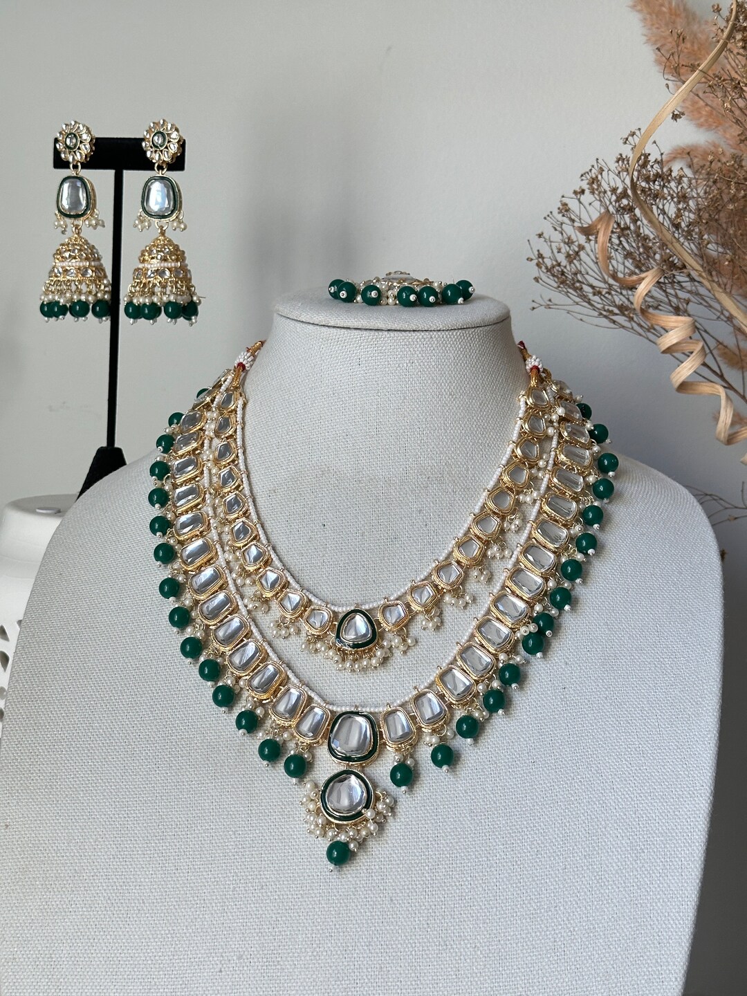 Green Long Necklace Rani Haar Pachi Kundan Bead Kundan Long Necklace ...