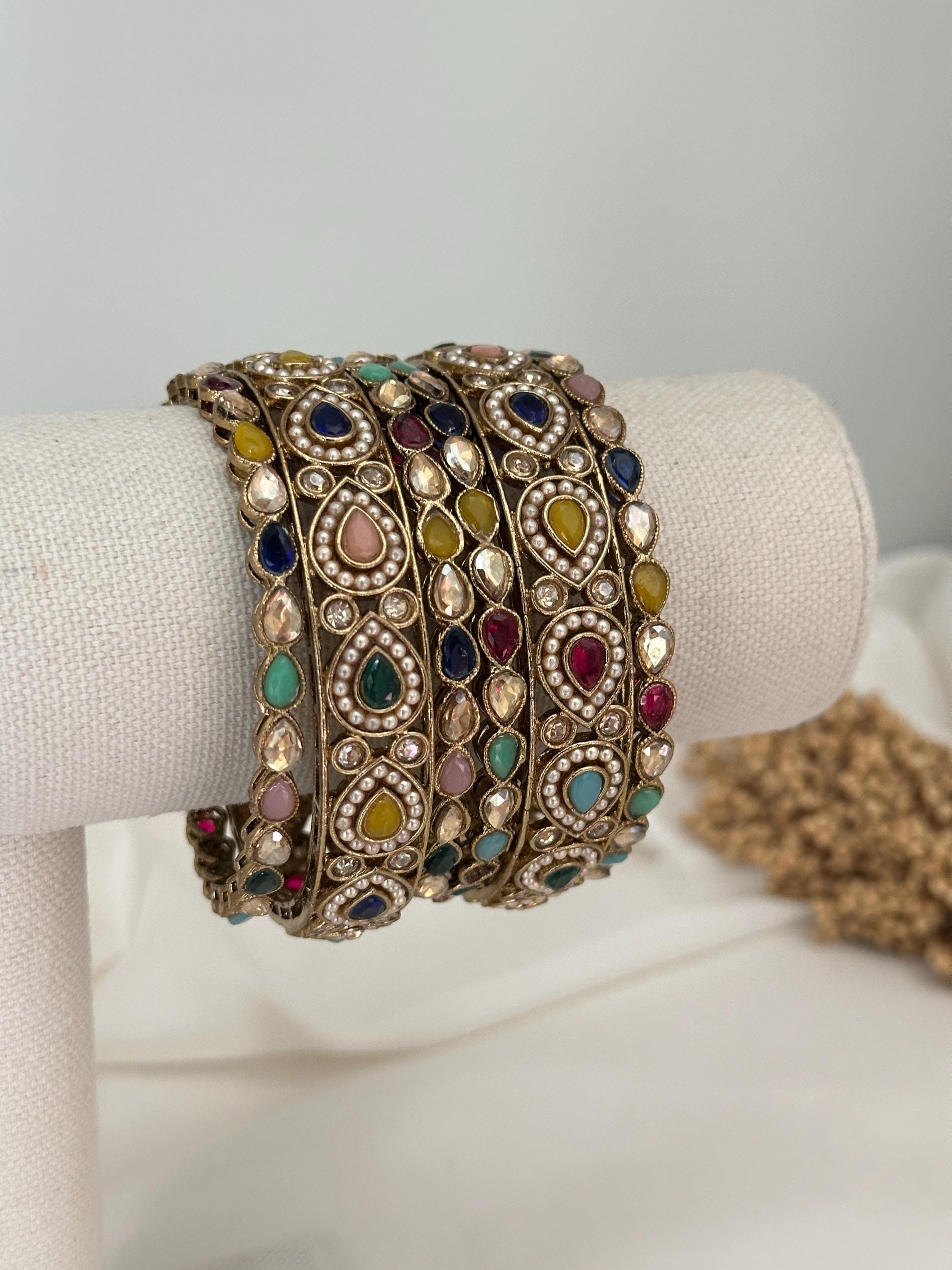 Multicolor Stone Kade Metal Bangles Se/indian Bangles/punjabi Bangles ...