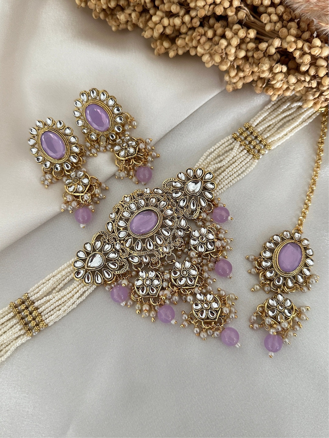 Pearl Kundan Pearl Necklace Earrings Tikka/kundan Necklace Set/kundan ...