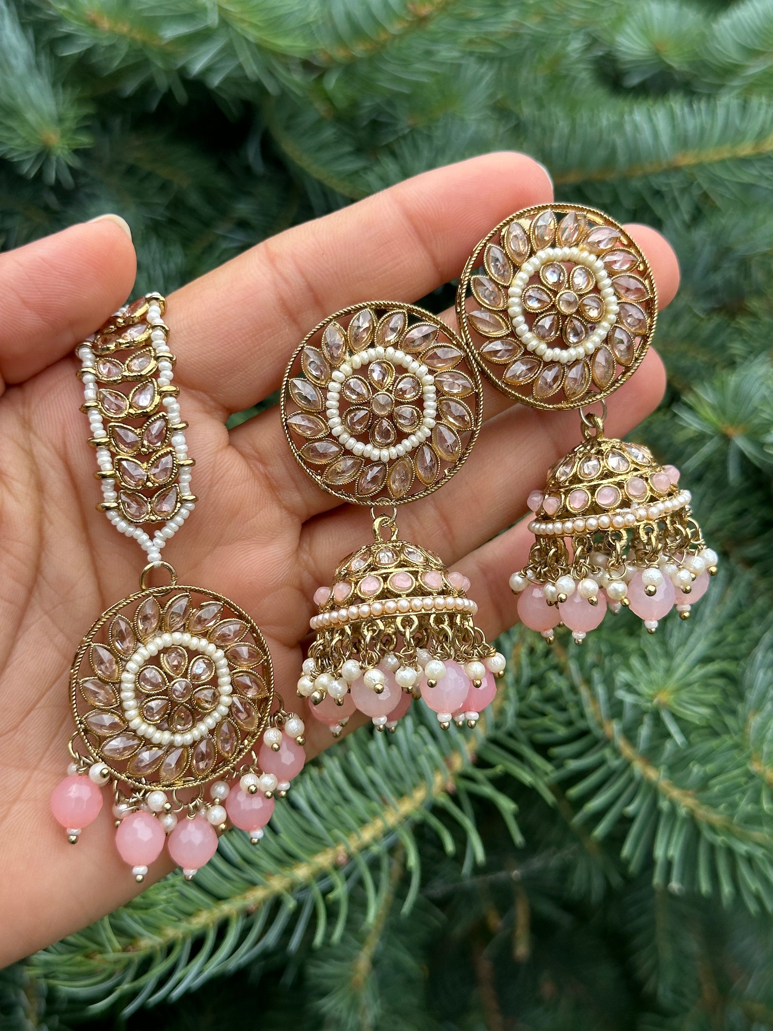 Pearl Polki Jhumka Tikka With Set Hot Pink Green Polki Jhumka Set/pachi ...