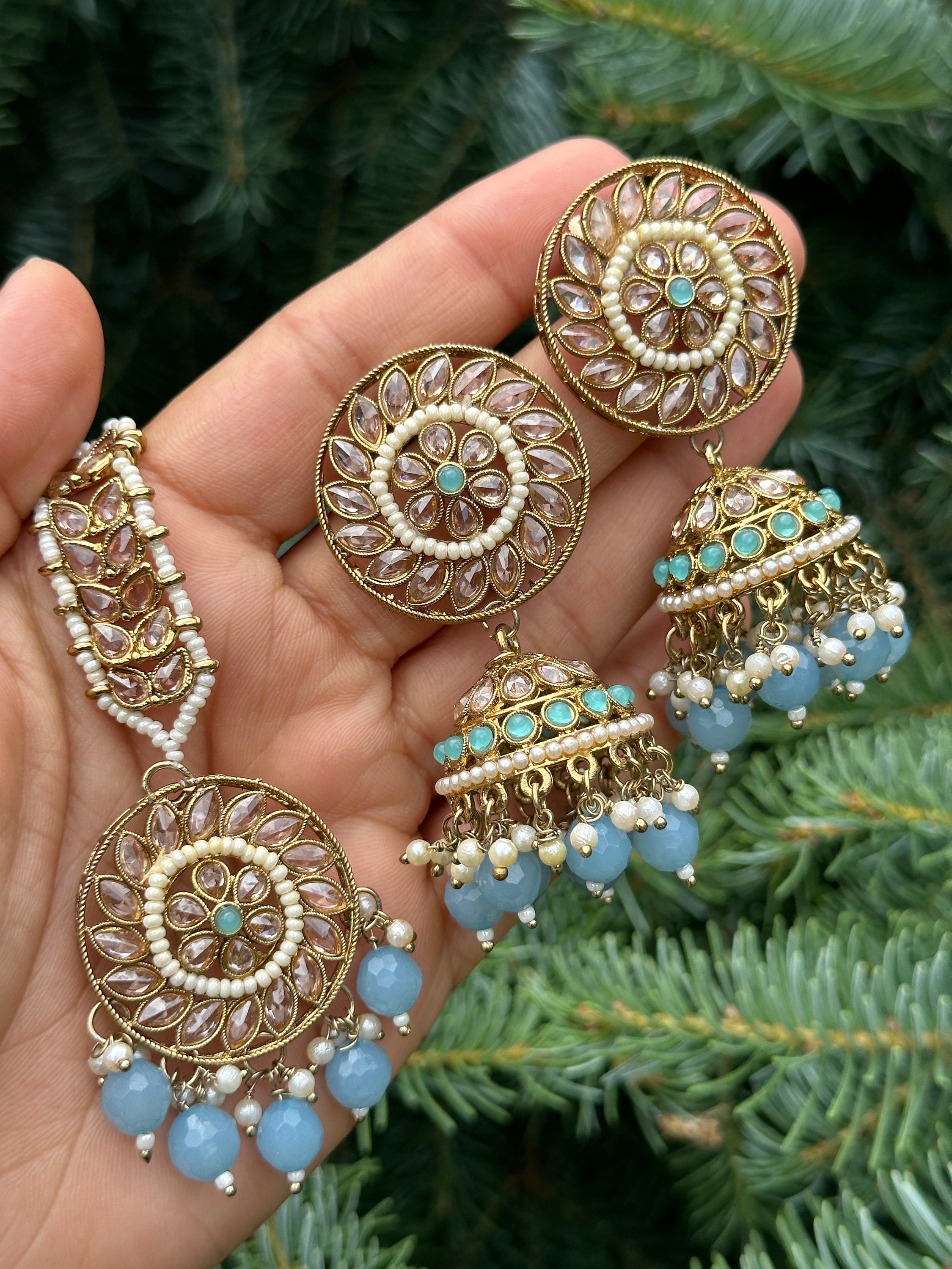 Pearl Polki Jhumka Tikka With Set Hot Pink Green Polki Jhumka Set/pachi ...