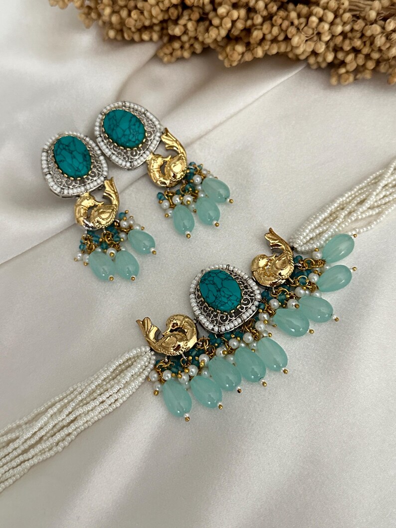 Turquoise Silver Choke Pachi Kundan Bead Kundan Oxidized Necklace ...