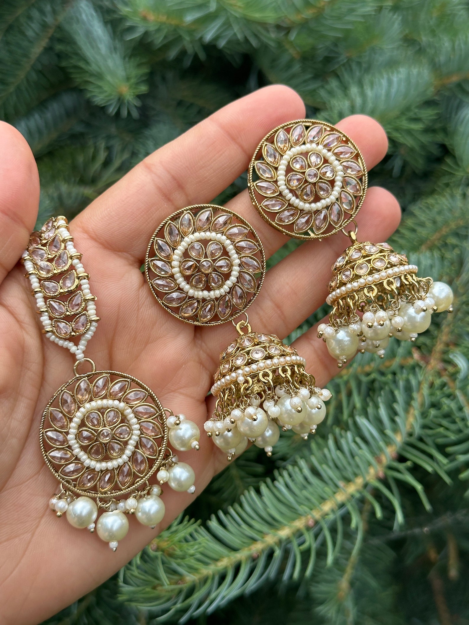 Pearl Polki Jhumka Tikka With Set Hot Pink Green Polki Jhumka Set/pachi ...