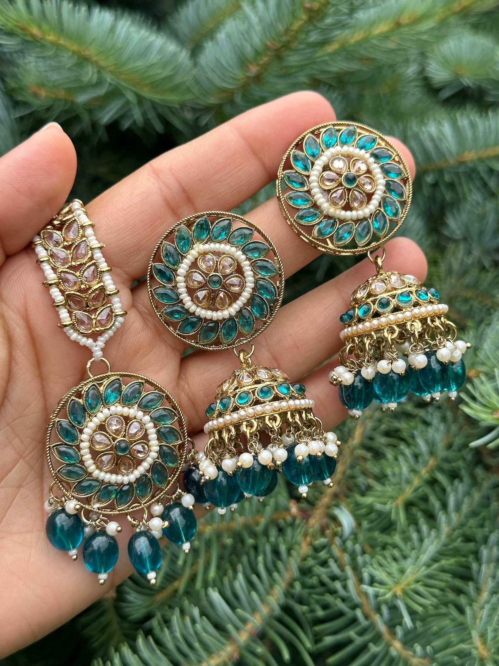 Pearl Polki Jhumka Tikka With Set Hot Pink Green Polki Jhumka Set/pachi ...