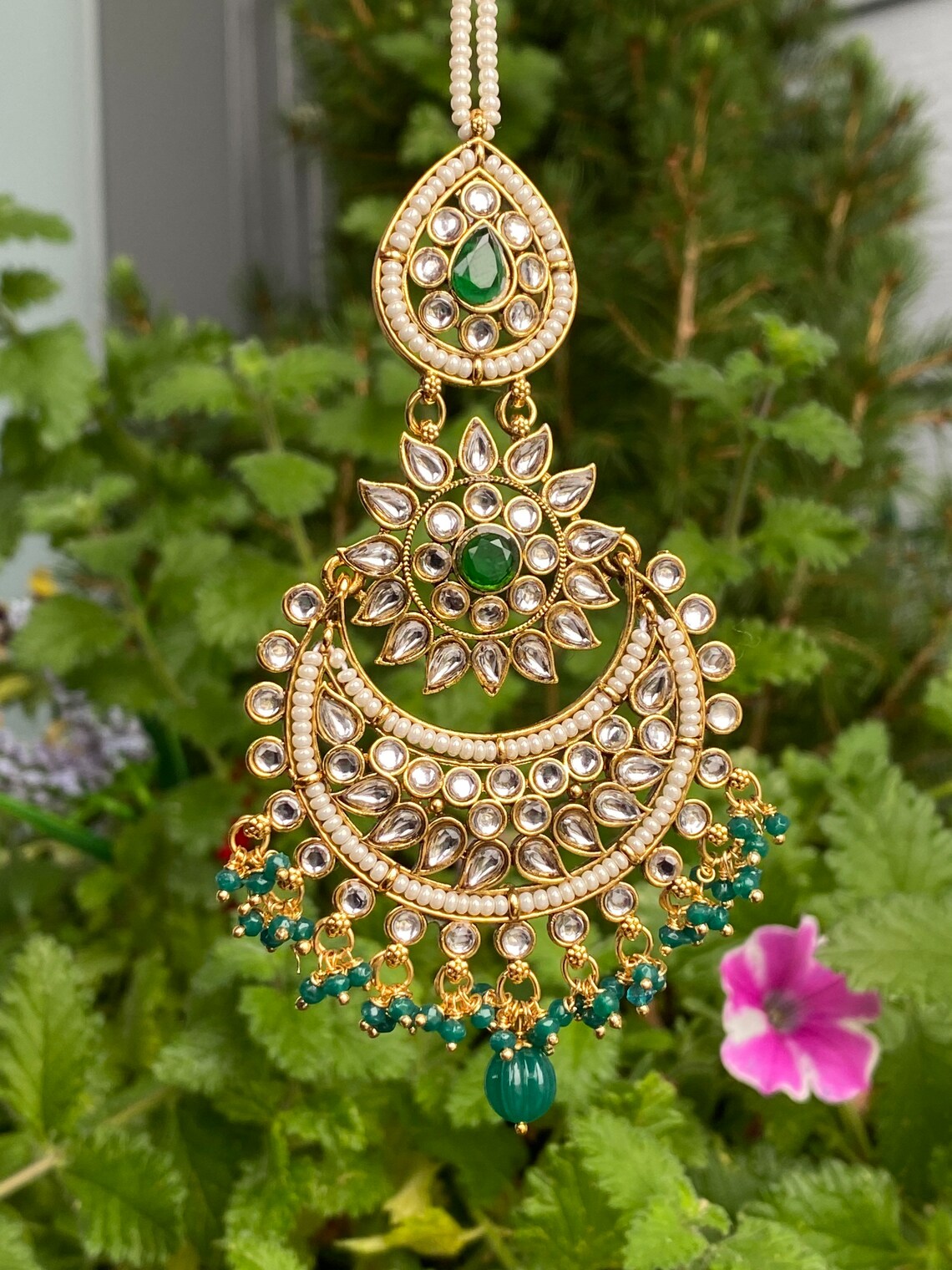 Maroon Green Kundan Chandbali Tikka X Earrings Sahara Chain /red Maroon ...