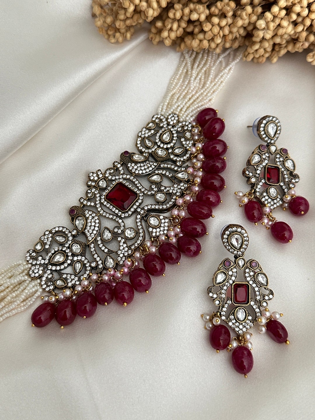 Victorian Diamond Pearl Choker Pachi Kundan Bead Choker Set Earrings ...