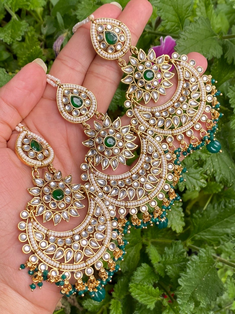 Maroon Green Kundan Chandbali Tikka X Earrings Sahara Chain /red Maroon ...