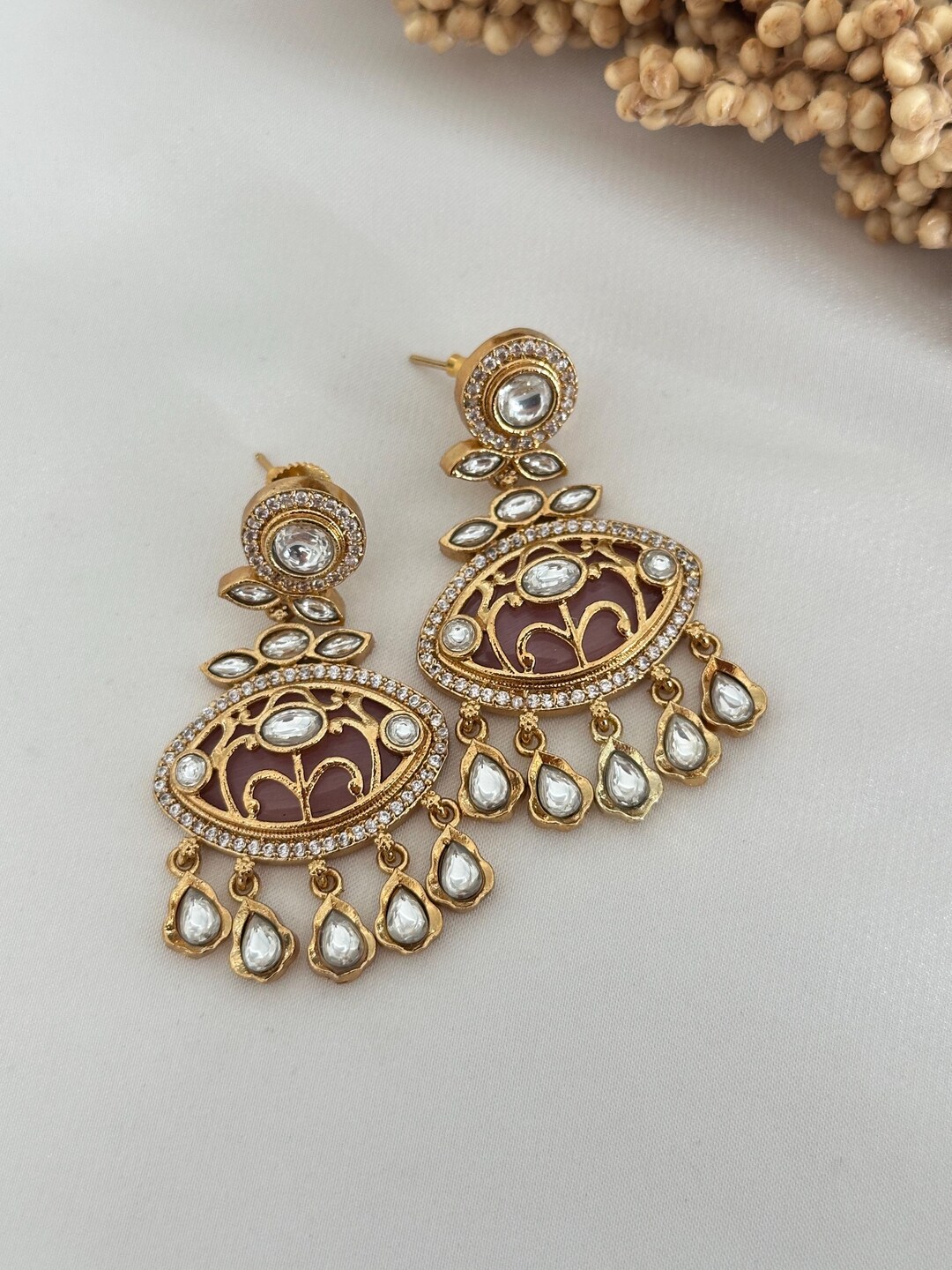 Tyani Earrings Monalisa Stone Peach/indian Pearl/punjabi Earrings ...