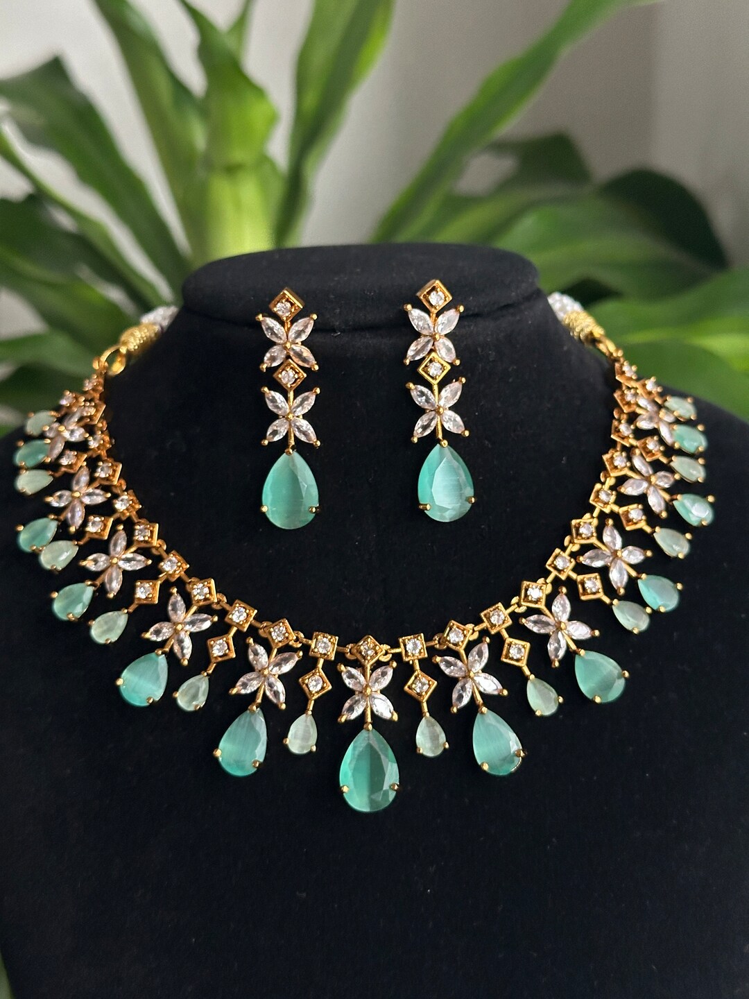 American Diamond Necklace Set/indian Jewelry Set/ Gold Tone Punjabi ...