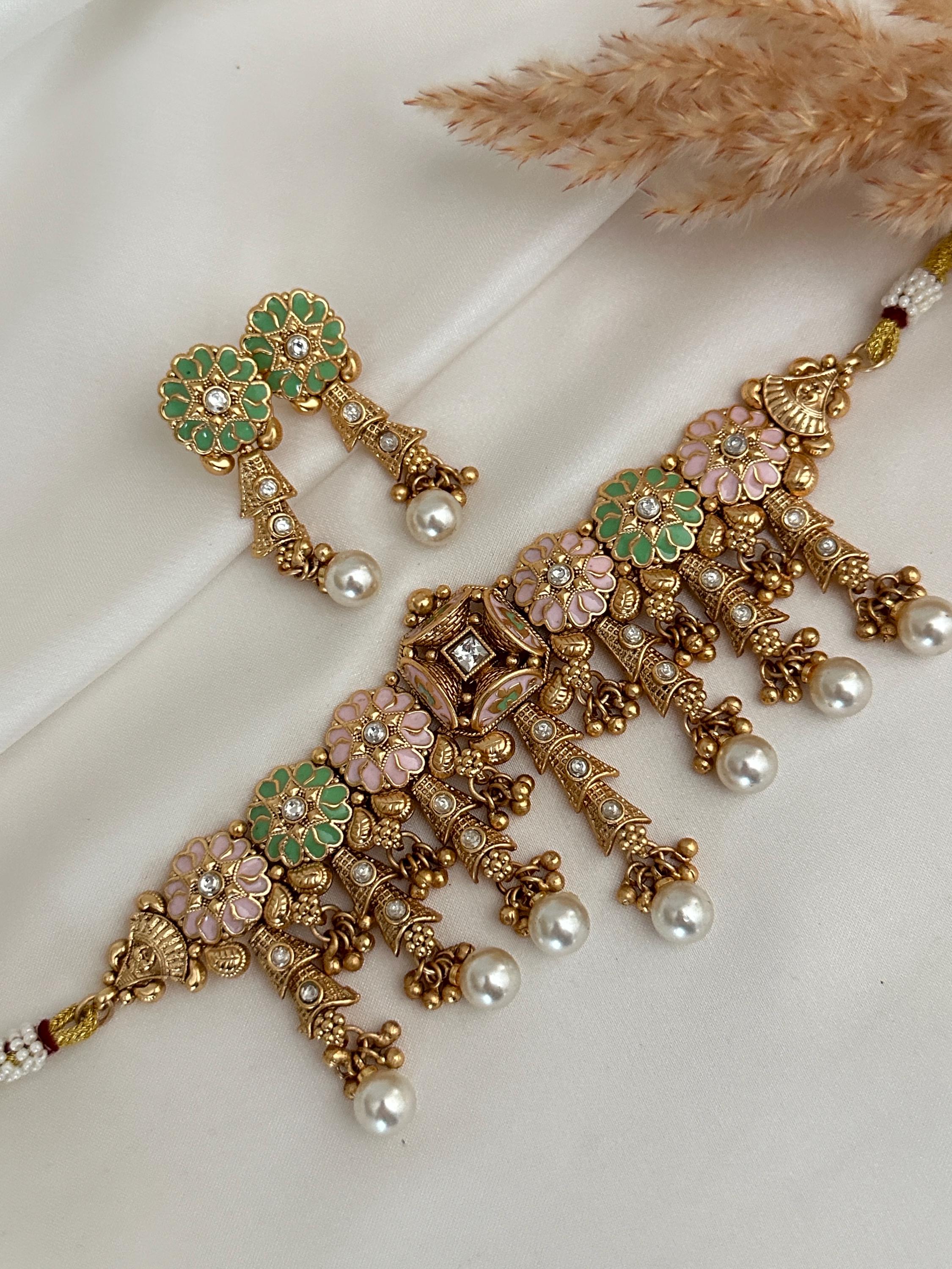 Antique Gold Choker Matte Finish Kundan Polki Set Kundan Necklace Set ...