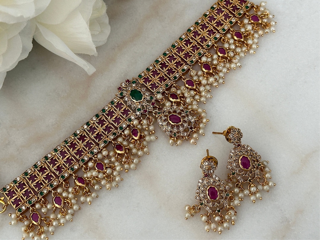 Antique Gold Ruby Emerald Choker Earrings /temple Jewelry Set/indian ...