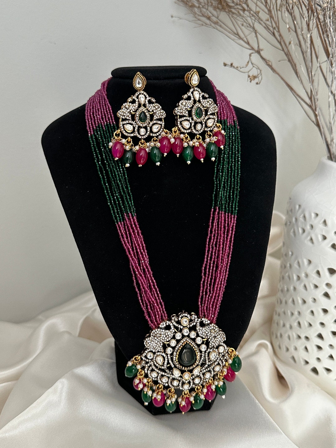 Pink Victorian Diamond Long Kundan Necklace Rani Haar Pachi Kundan Long ...