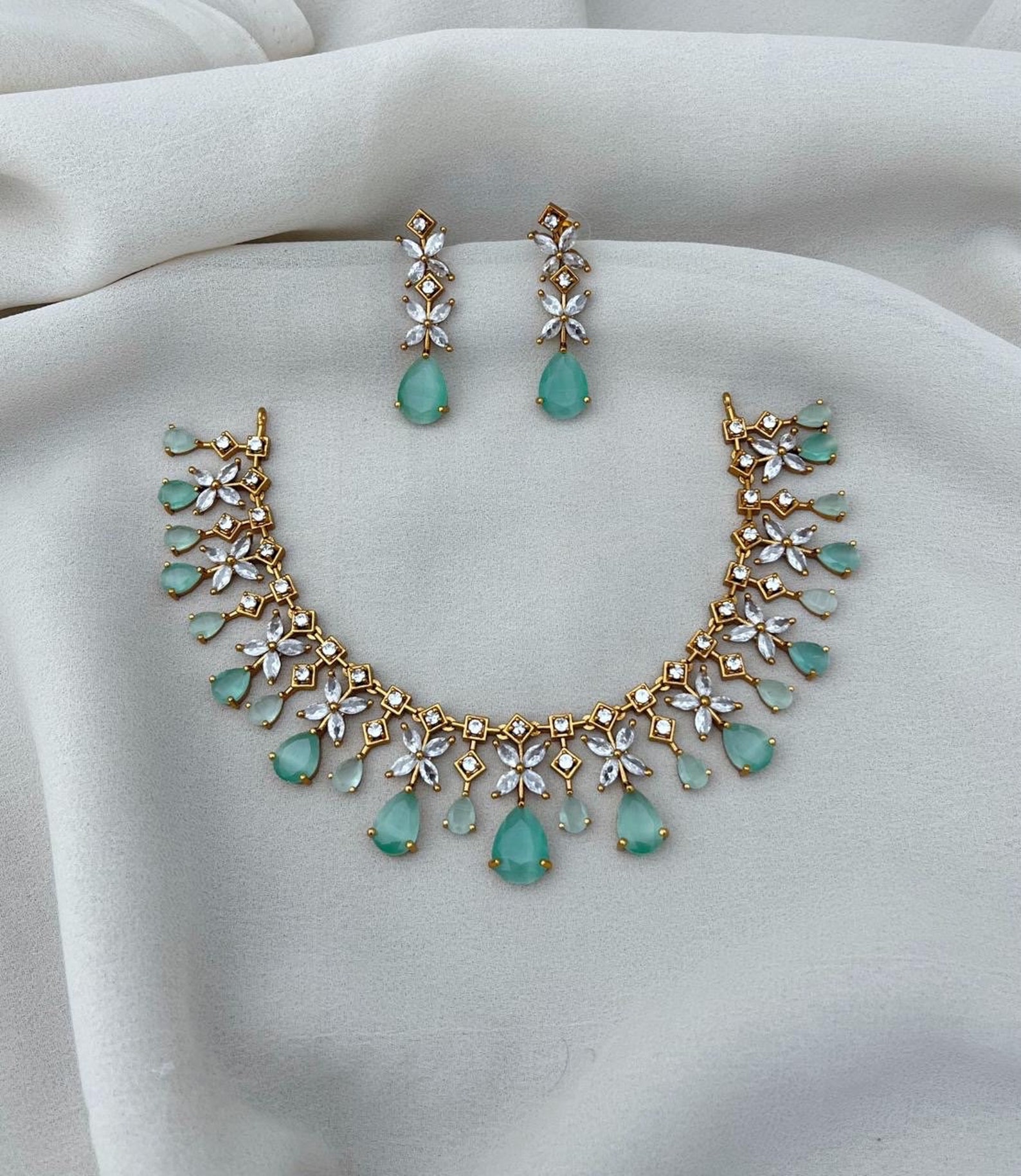 American Diamond Necklace Set/indian Jewelry Set/ Gold Tone Punjabi ...