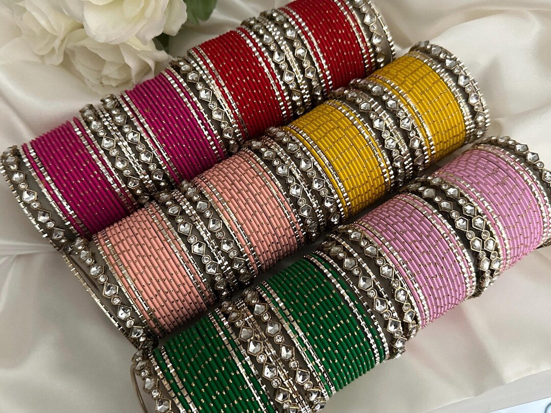 Kundan Kade Metal Bangles/indian Bangles/punjabi Bangles Set,pink Blue ...