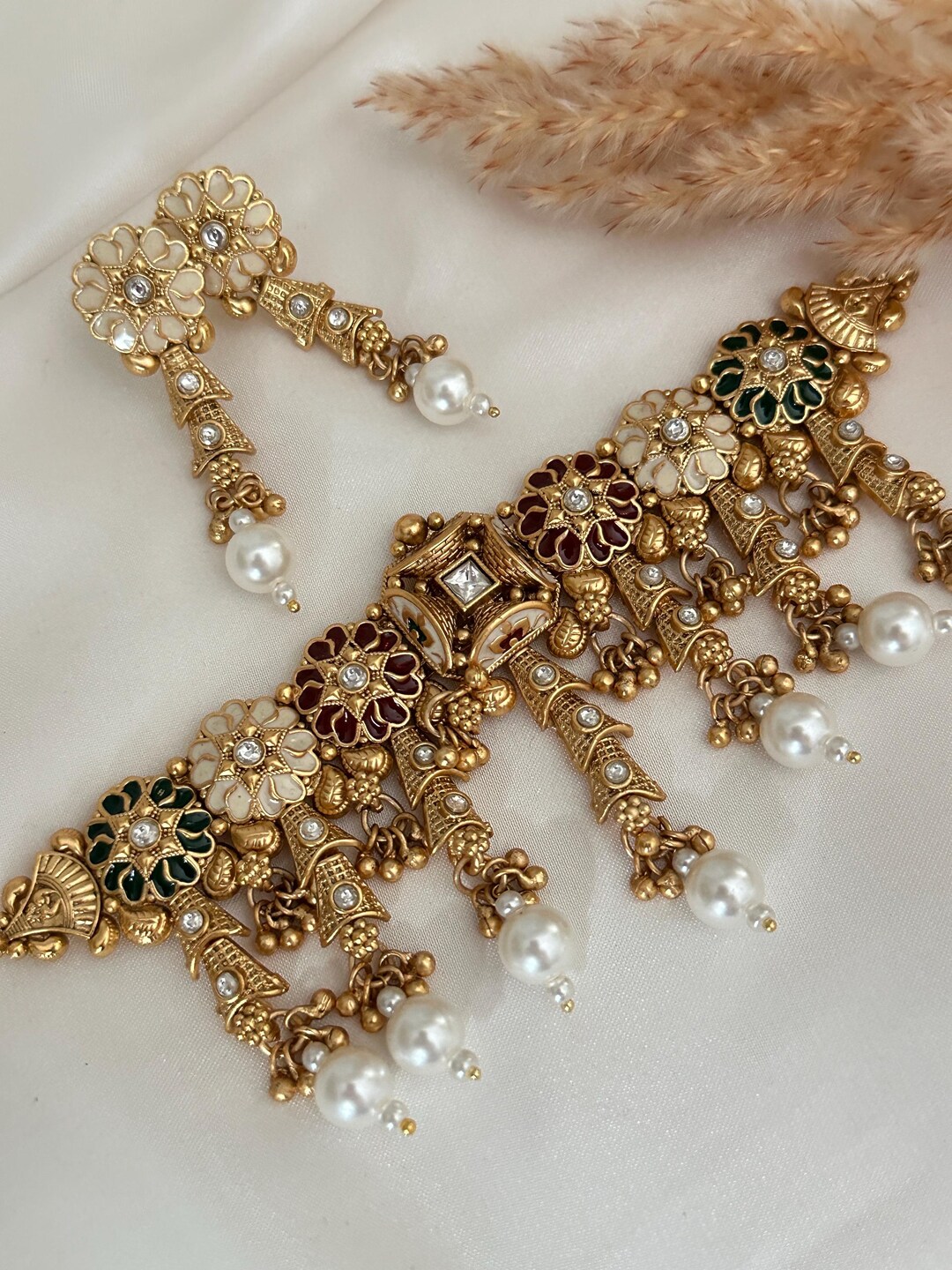 Antique Gold Choker Matte Finish Kundan Polki Set Kundan Necklace Set ...
