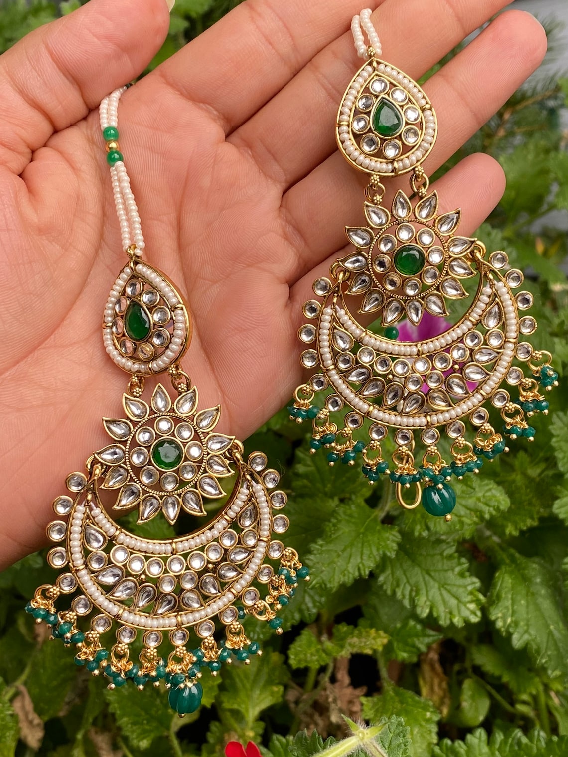Maroon Green Kundan Chandbali Tikka X Earrings Sahara Chain /red Maroon ...