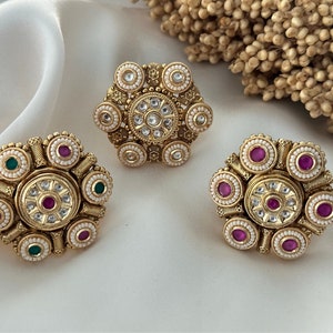 Antique Adjustable Kundan Ring/gold Antique /chandbali Green Pink Pearl ...